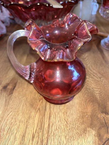 Vintage Fenton Cranberry Glass 5.5" Pitcher Coin Dot Ruffled Rim Clear ...