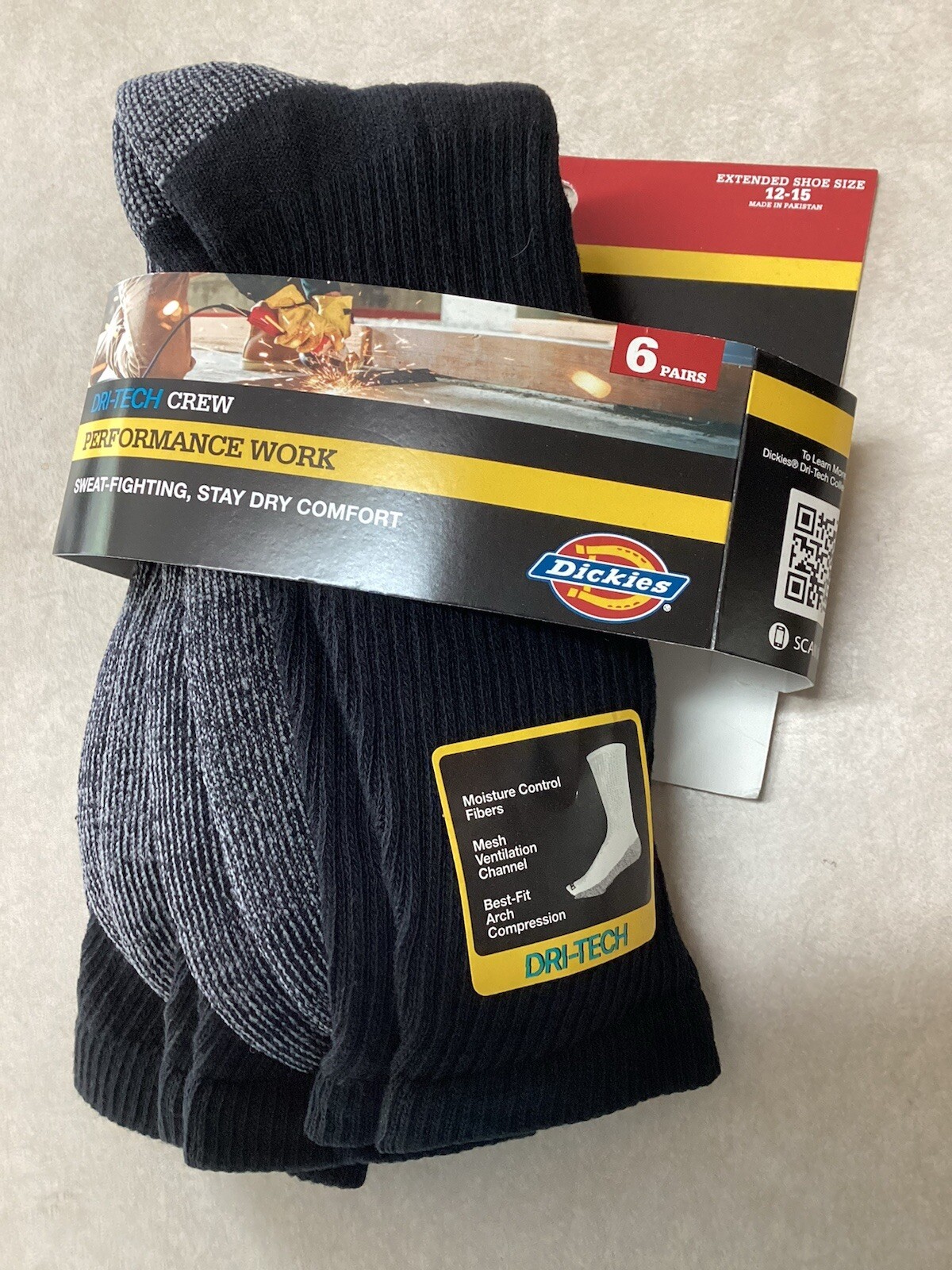 Dickies Men Performance Work Dri-Tech Crew Socks Black 3-Pair Extended ...