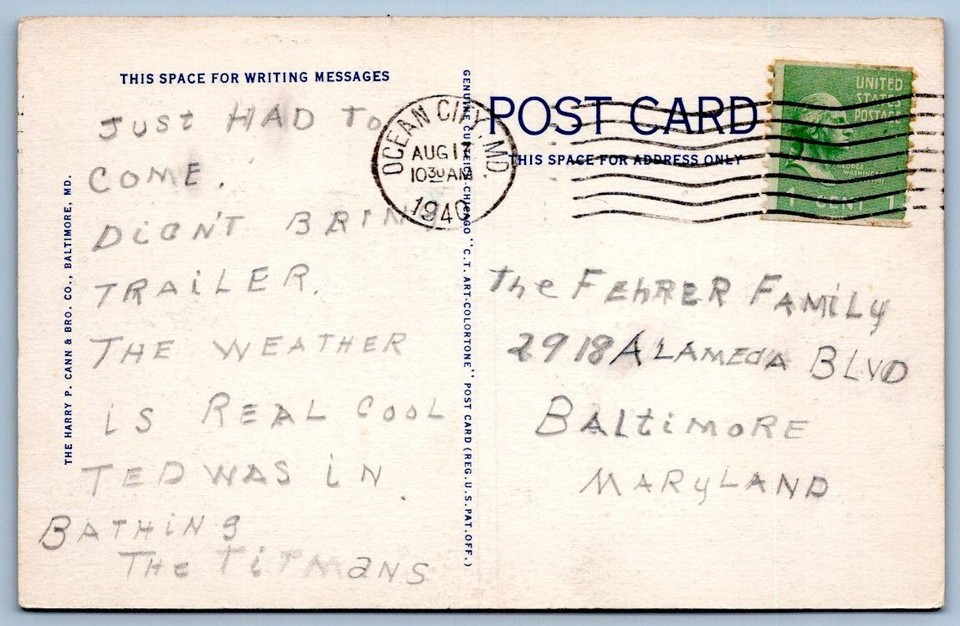 1940 GREETINGS FROM OCEAN CITY MARYLAND MD HARRY CANN VINTAGE LINEN ...