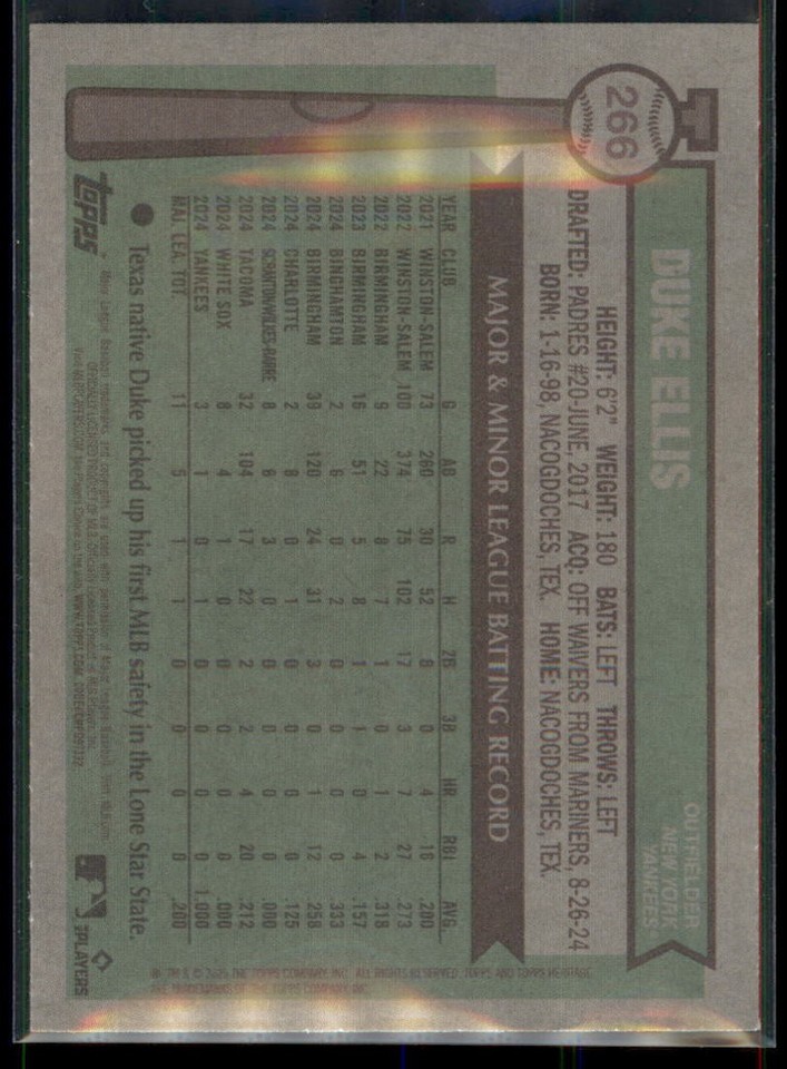 2025 Topps Heritage Duke Ellis Dark Green RC #266 Yankees | eBay