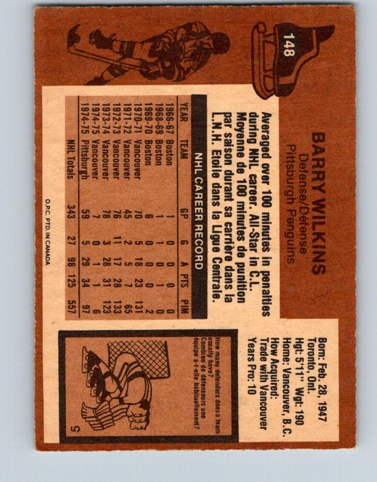 VINTAGE HOCKEY CARD OPC 1975 PITTSBURGH PENGUINS BARRY WILKINS NO318 | eBay