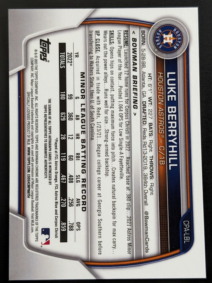 Luke Berryhill 2023 Bowman Chrome Prospect 1st Autograph Houston Astros ...