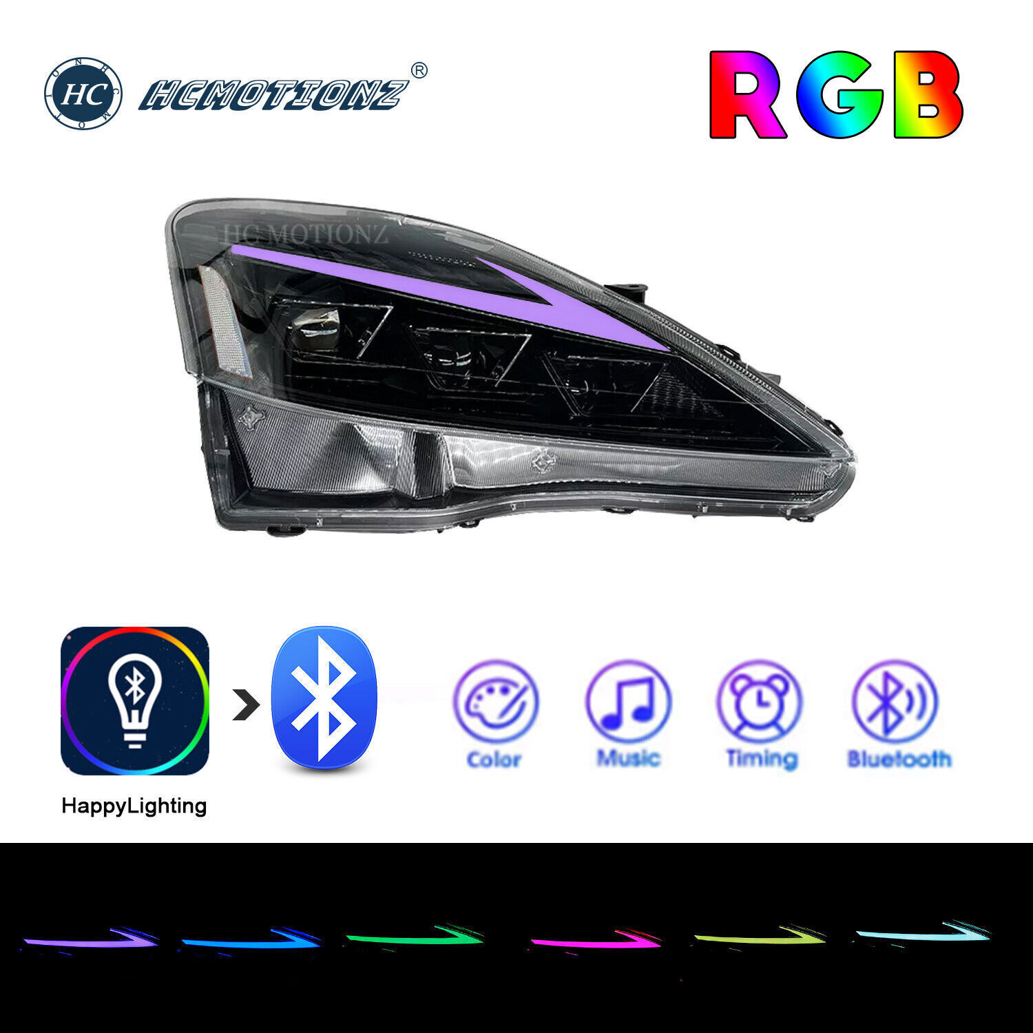 2X Clear LED Headlights For Lexus IS250 350 C ISF 2006-2013 RGB Dazzle ...