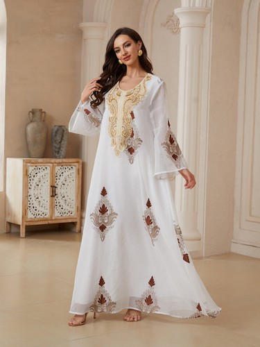 Muslim Women Embroidery Long Sleeve Maxi Dress Ramadan Abaya Dubai ...