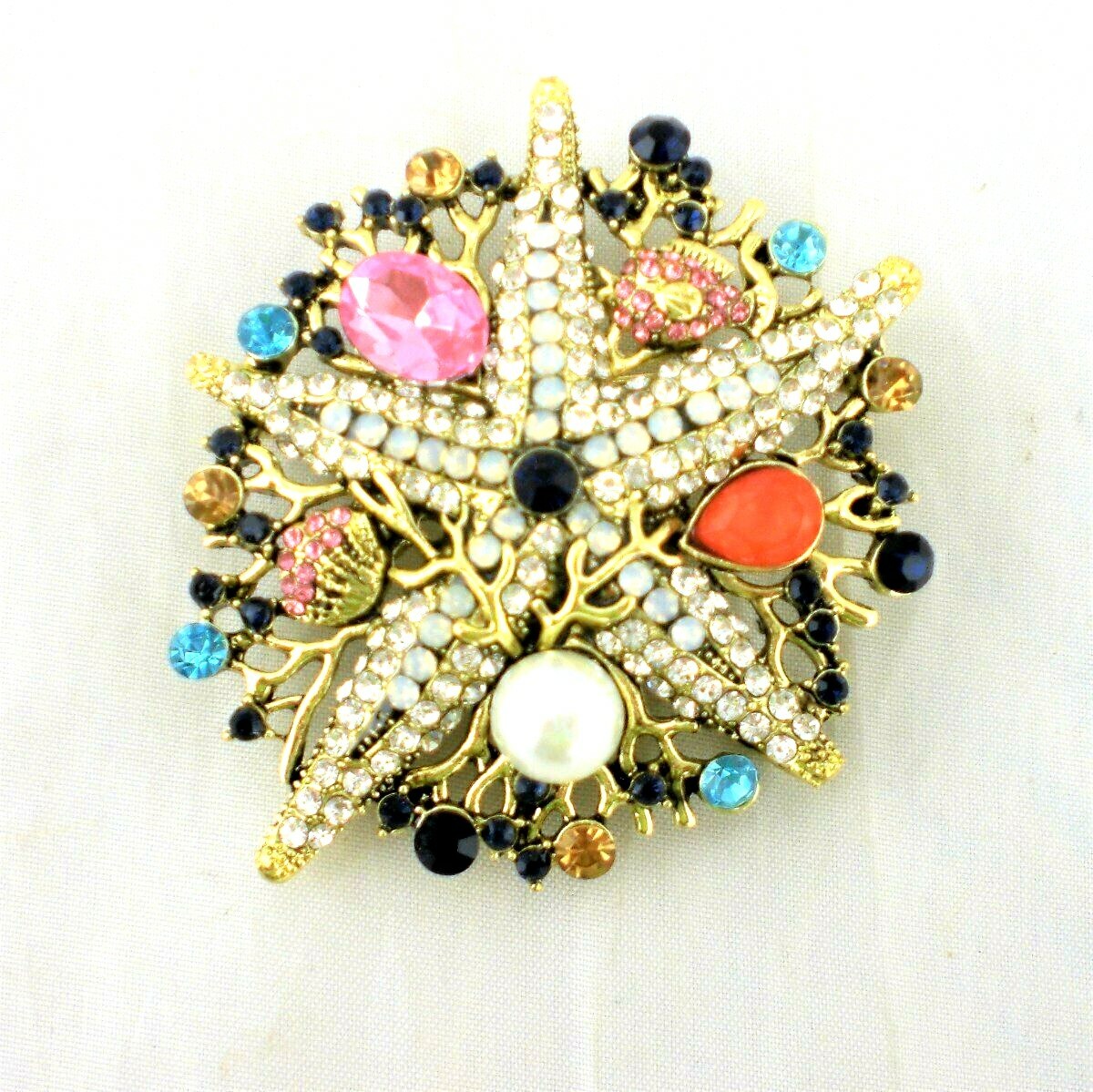 Starfish Coral Reef Brooch Pin Pendant Gold Tone Gems Rhinestones Pearl ...