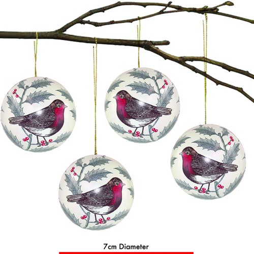 4 ROBIN CHRISTMAS TREE BAUBLE HANGING Hanger Metal Box Decoration ...