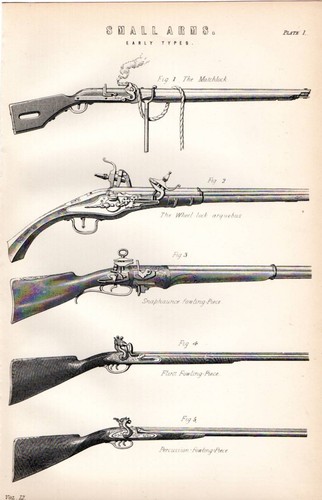 1880 PRINT SMALL ARMS ~ MATCHLOCK WHEEL LOCK SNAPHAUNCE FLINT FOWLING ...