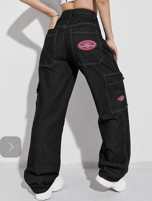 Wake Cargo Jeans Women L - 8/10 (40/42) Black Baggy Carpenter Wide Leg ...