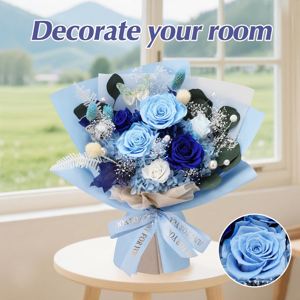 Preserved Flowers for Delivery, 6 Blue Roses Bouquet, Birthday Gifts ...