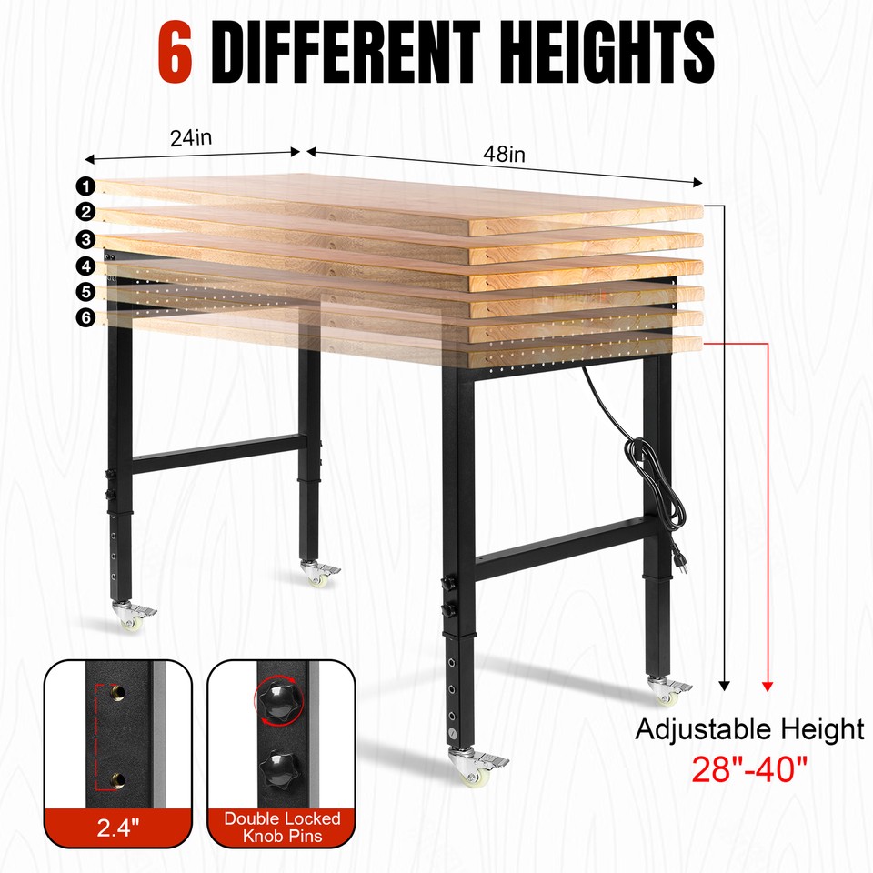 Adjustable Height Workbench 48"L x 24"W Work Bench Table w/ Power ...