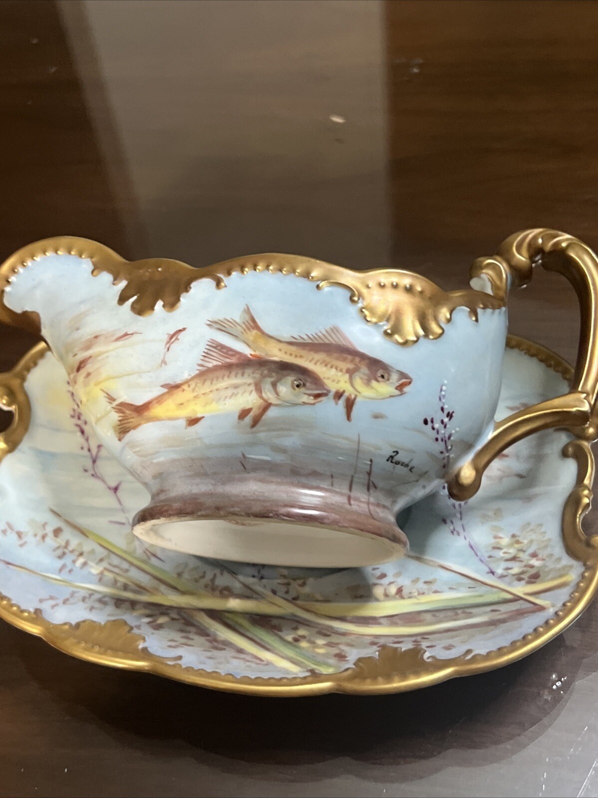 Antique Limoges AK Hand Painted Fish Gravy Boat w/Plate Signed Ruche | eBay
