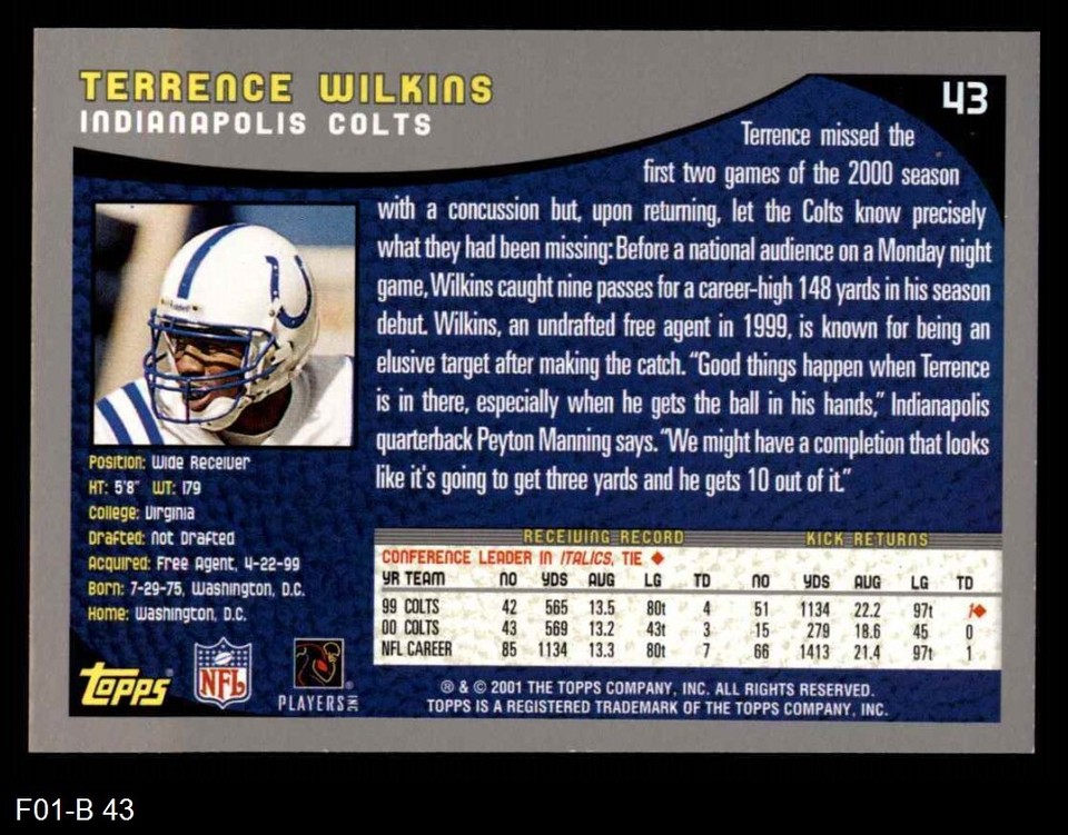2001 Topps #43 Terrence Wilkins Colts Virginia 8 - NM/MT | eBay