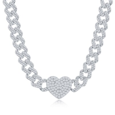 Sterling Silver Micro Pave CZ Monaco Chain Heart Necklace | eBay