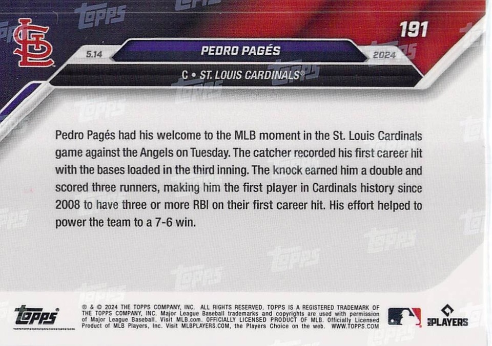 2024 Topps Now 191 Pedro Pages 3 RBI on 1st MLB Hit 31/49 -Free ...