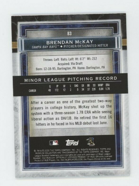 Brendan McKay 2020 Topps Museum Collection Rookie Card #83 RAYS | eBay