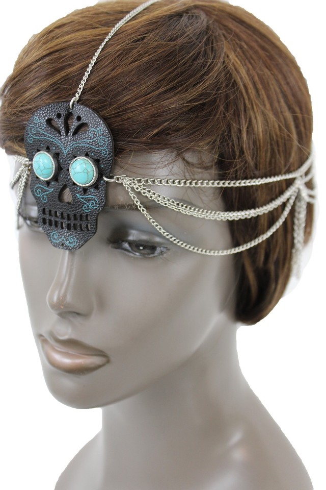 Women Silver Metal Head Chain Black Skeleton Skull Halloween Mask Long ...