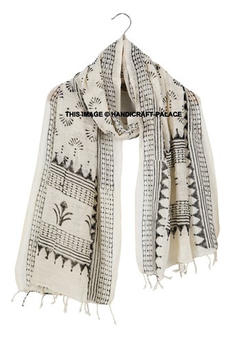 Indigo Cotton Beige Hand Block Print Scarf Indian Reversible Scarves ...