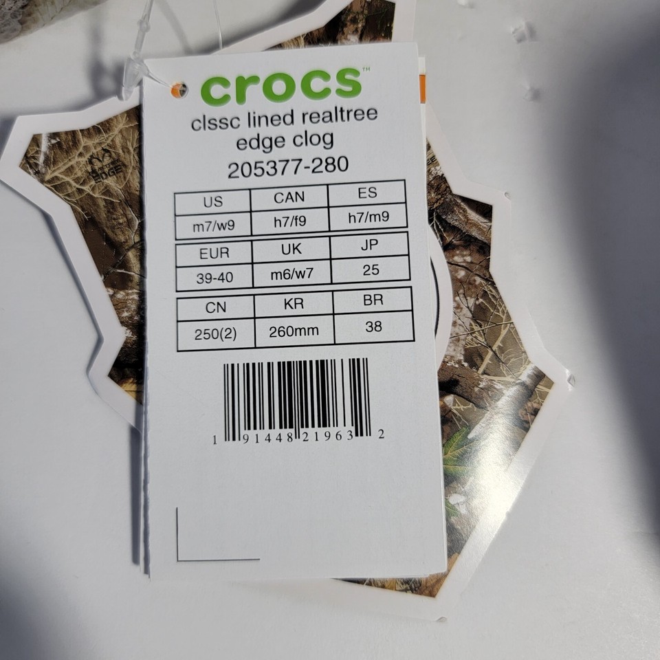 Crocs Classic Lined Realtree Edge Camo Clogs Size Men's 7 Women's 9 ...