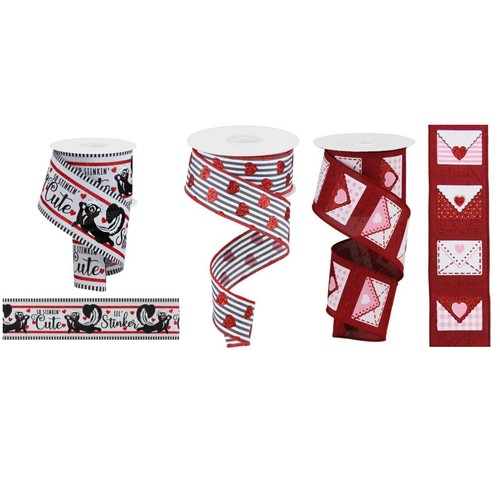Wired Ribbon By the Roll Set of 3 Valentine Skunk Hearts (White, Black ...