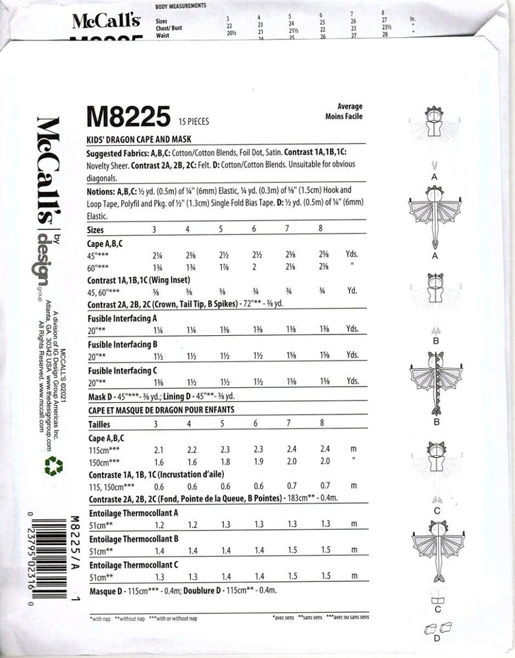 McCall's M8225 Girls or Boys 3 to 8 Dragon Cape and Mask Sewing Pattern ...