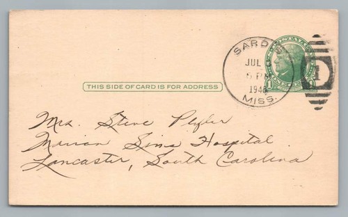 Sardis Mississippi Postal Card Cover Cancel~Marion Sims Hospital ...