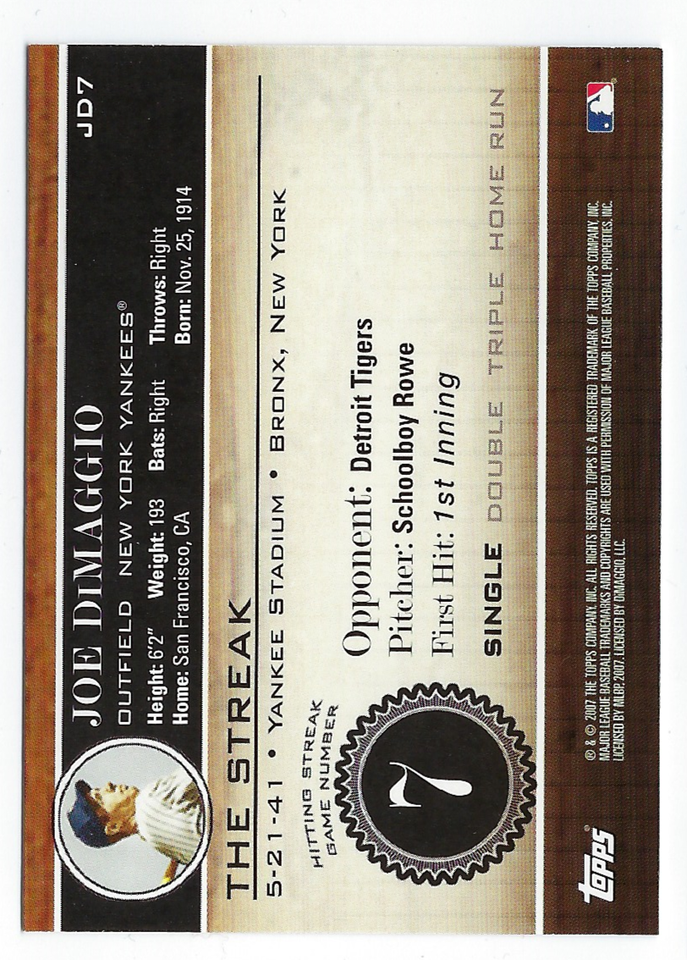 2007 Topps "The Streak" Joe DiMaggio #JD7 HOF New York Yankees NM ...