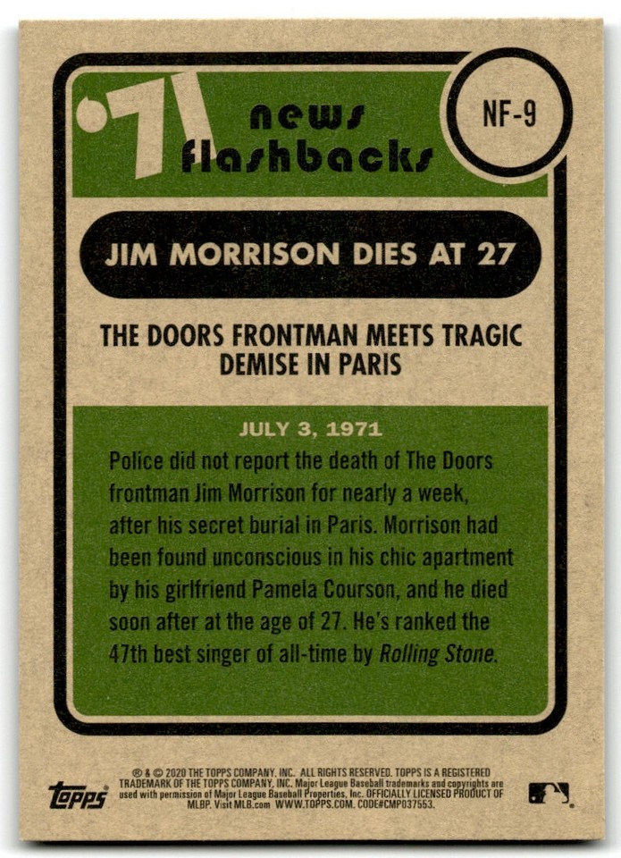 2020 TOPPS HERITAGE NEWS FLASHBACKS '71 THE DOORS FRONTMAN JIM MORRISON ...