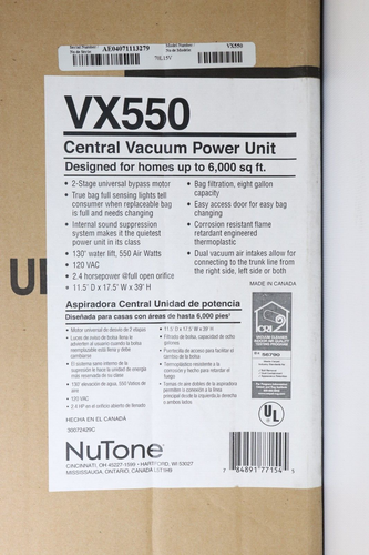 NUTONE VX550 CENTRAL VACUUM POWER UNIT, 2-STAGE BYPASS MOTOR, 120 VAC ...