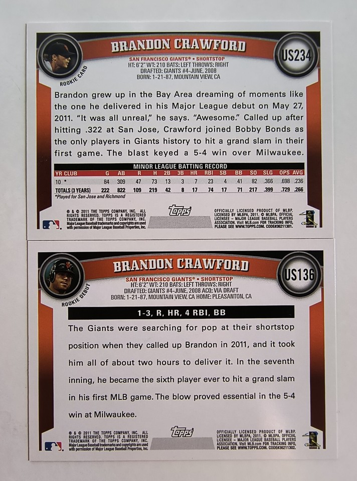 BRANDON CRAWFORD Rookie 2 Card Lot US136 & US234 - 2011 Topps Update RC ...