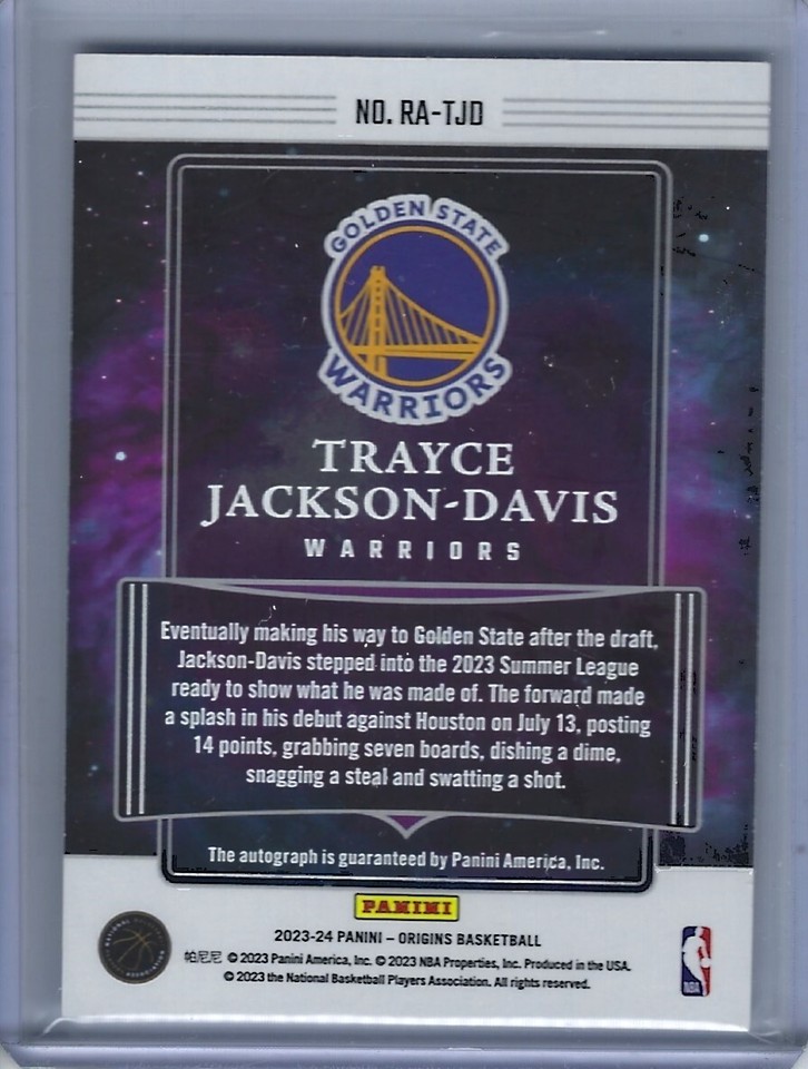 2023-24 TRAYCE JACKSON-DAVIS PANINI ORIGINS ROOKIE RC ON CARD AUTO CARD ...