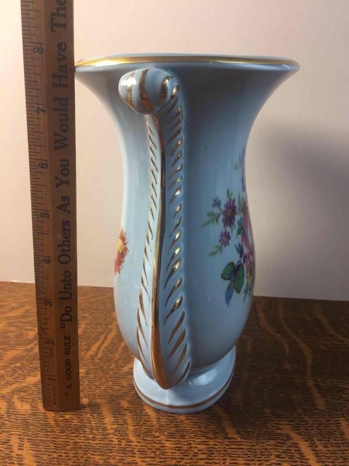 Vintage Princeton China 7 3/4 " Vase Light Blue Floral Design Gold Trim ...