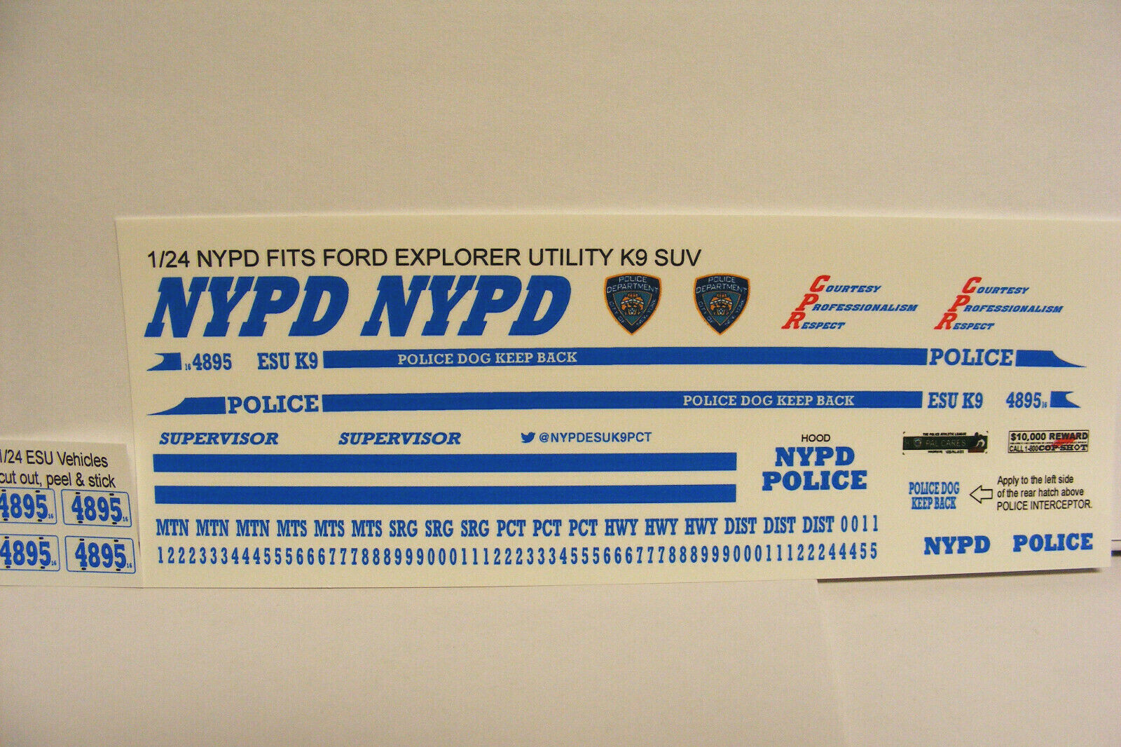 NYPD ESU K-9 1/24 Water Slide Decals Fits Motormax Police SUV | eBay