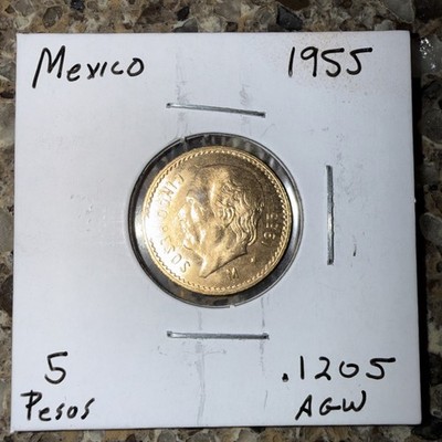 Mexico 1955 5 Cinco Pesos .900 Fine Gold Coin Round KM# 464 .1205 AGW ...