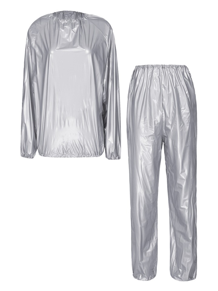 Women Men 2Pcs PVC Sauna Suit Long Sleeve Elastic Cuff Top and Pants ...