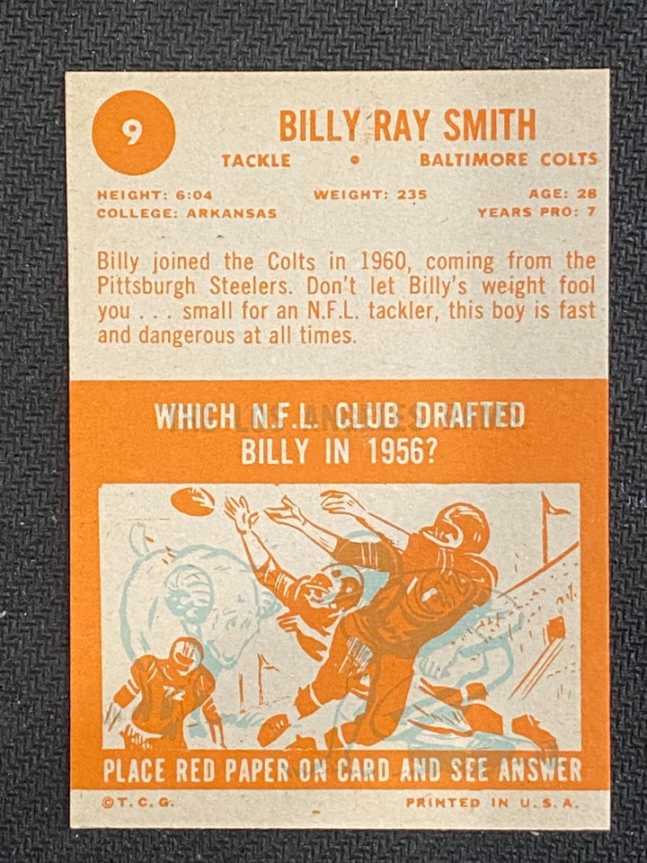 1963 TOPPS FOOTBALL #9 BILLY RAY SMITH * RC * NRMT OR BETTER * COLTS ...