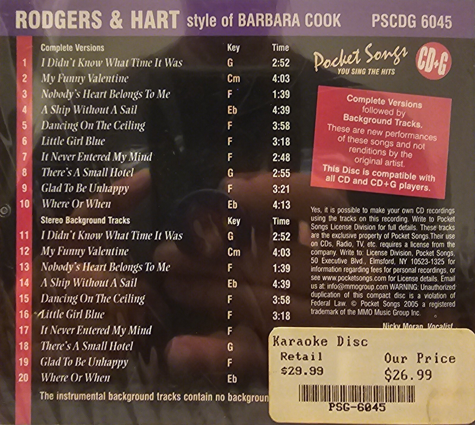 6045 RODGERS HEART STYLE OF BARBARA COOK POCKET SONGS KARAOKE CDG DISC ...