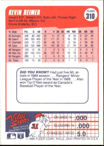 1990 Kevin Reimer Fleer Baseball Card #310 | eBay