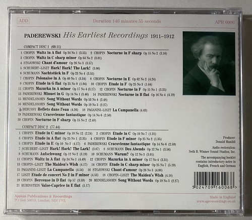 His Earliest Recordings 1911-1912 by Ignace Jan Paderewski (CD, 2008 ...