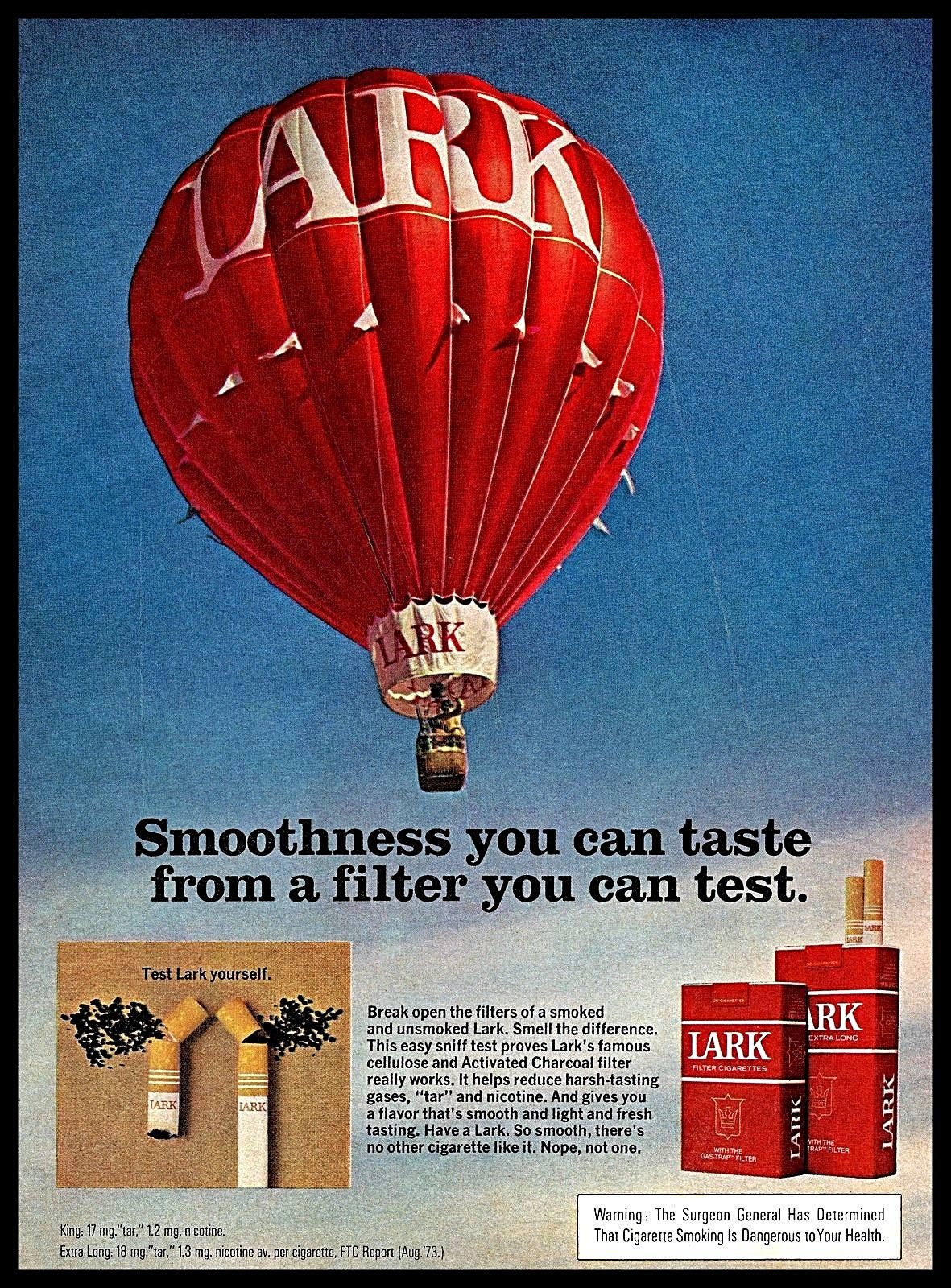 Lark Filter Cigarettes Vintage PRINT AD 1974 Red Hot Air Balloon in Sky ...