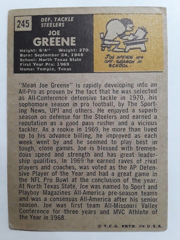 1971 Topps Joe Greene Rookie #245 football card Pittsburgh Steelers | eBay