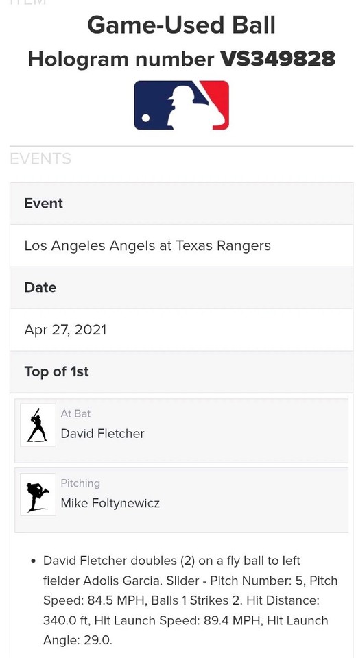 David Fletcher Angels Game Used DOUBLE Baseball 4/27/2021 MLB Hologram ...