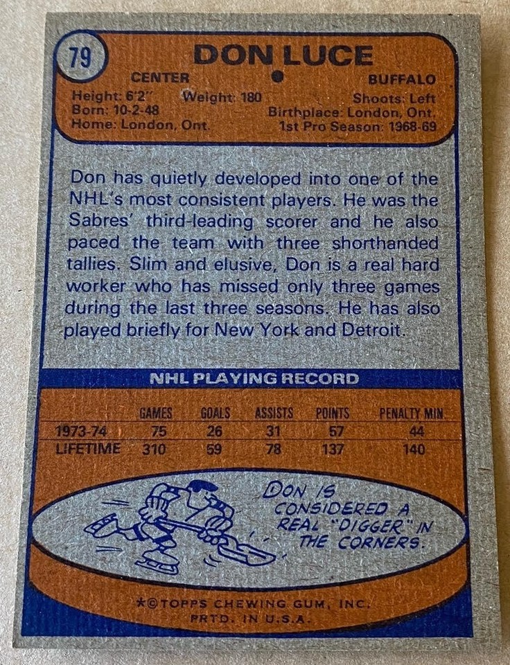 DON LUCE 1974-75 TOPPS Card #79 NM-MT Condition | eBay