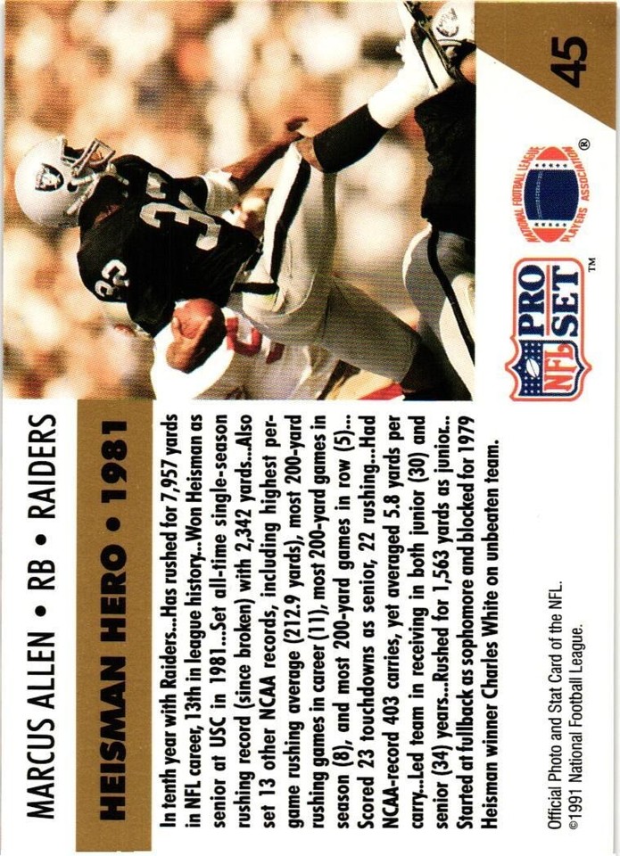 1991 NFL Pro Set Marcus Allen - Heisman Hero #45 - Raiders | eBay