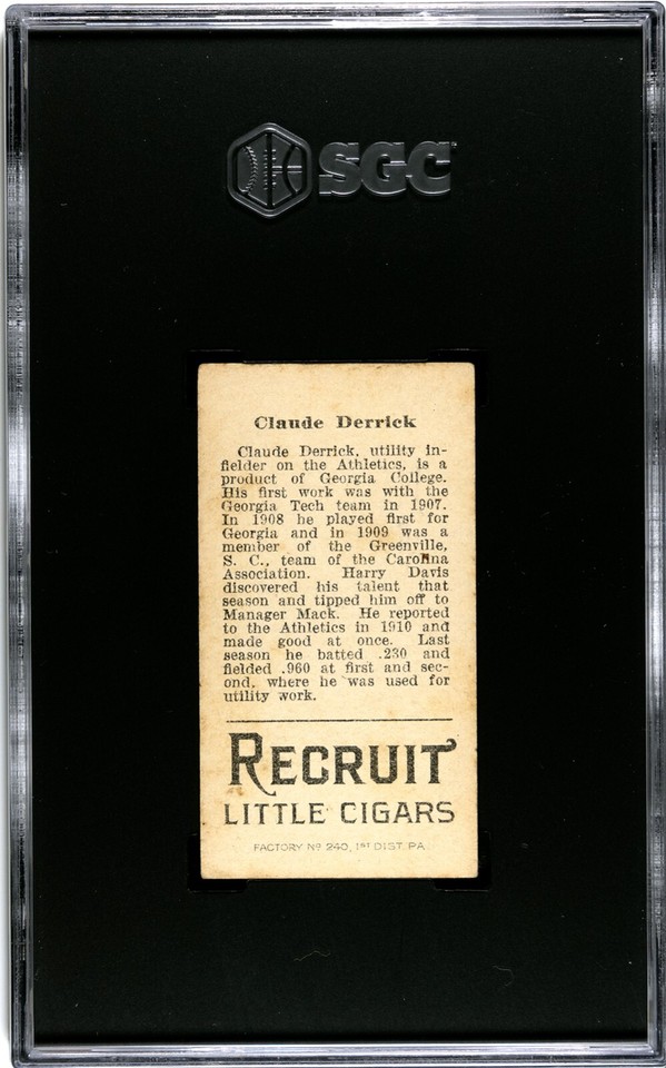 1912 T207 Recruit Little Cigars: CLAUDE DERRICK Philadelphia Athletics ...