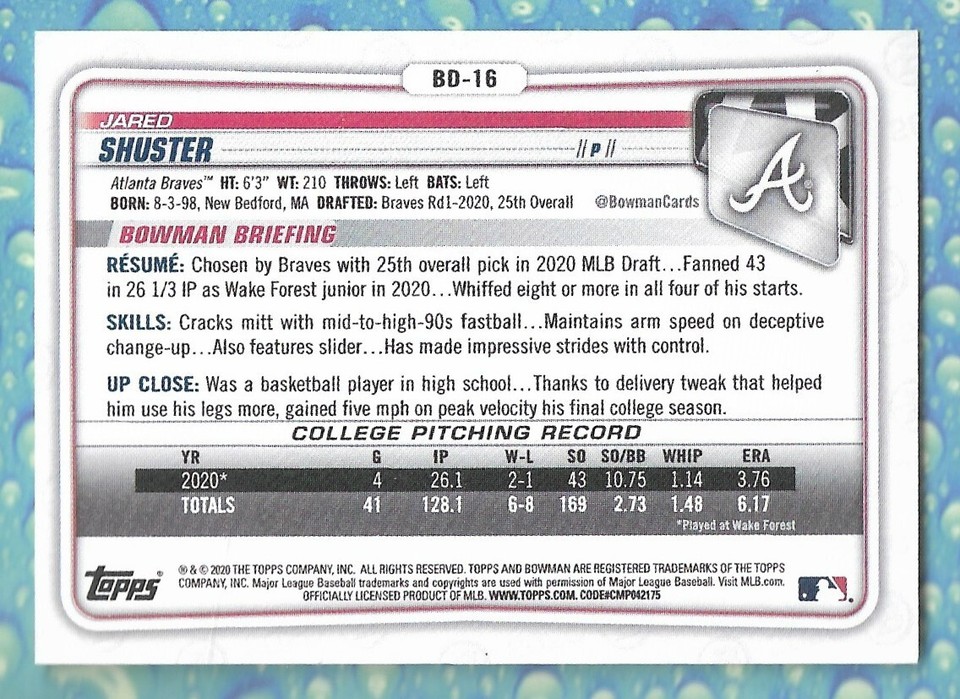 JARED SHUSTER 2020 TOPPS BOWMAN GOLD SP 1ST ROOKIE RC CARD #'D /50 MLB ...