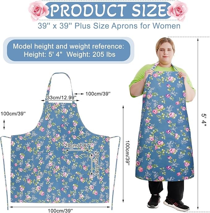 Plus Size Floral Aprons for Women, Adjustable Kitchen Aprons with 2 ...