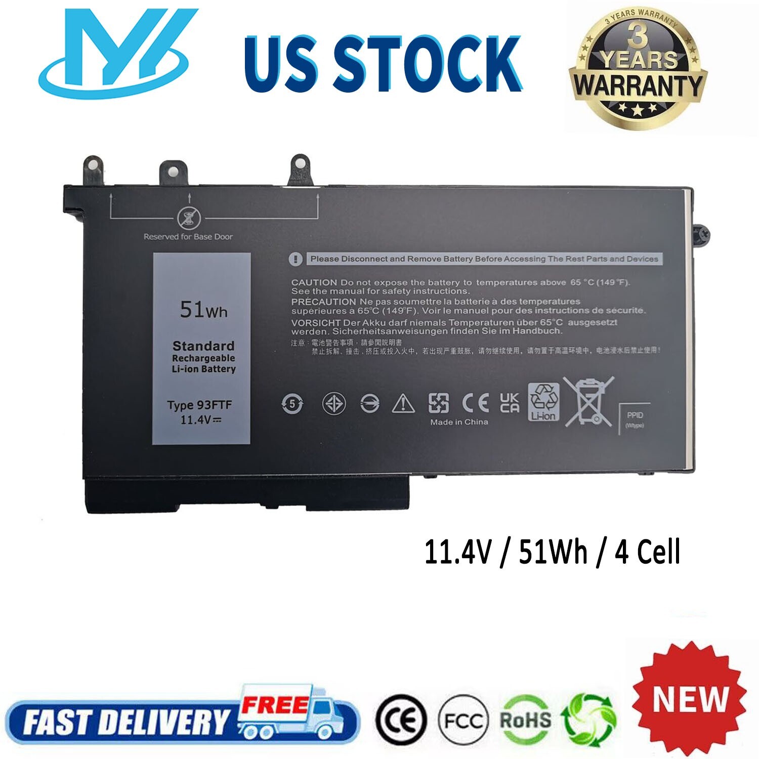93FTF 51WH Battery For Dell Latitude 12 5280 5288 5480 5580 5590 5490 ...