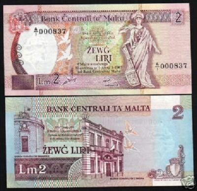 MALTA 2 LIRI P41 1967 LOW SERIAL # A1 PREFIX EURO RUDDER PIGEONS UNC ...