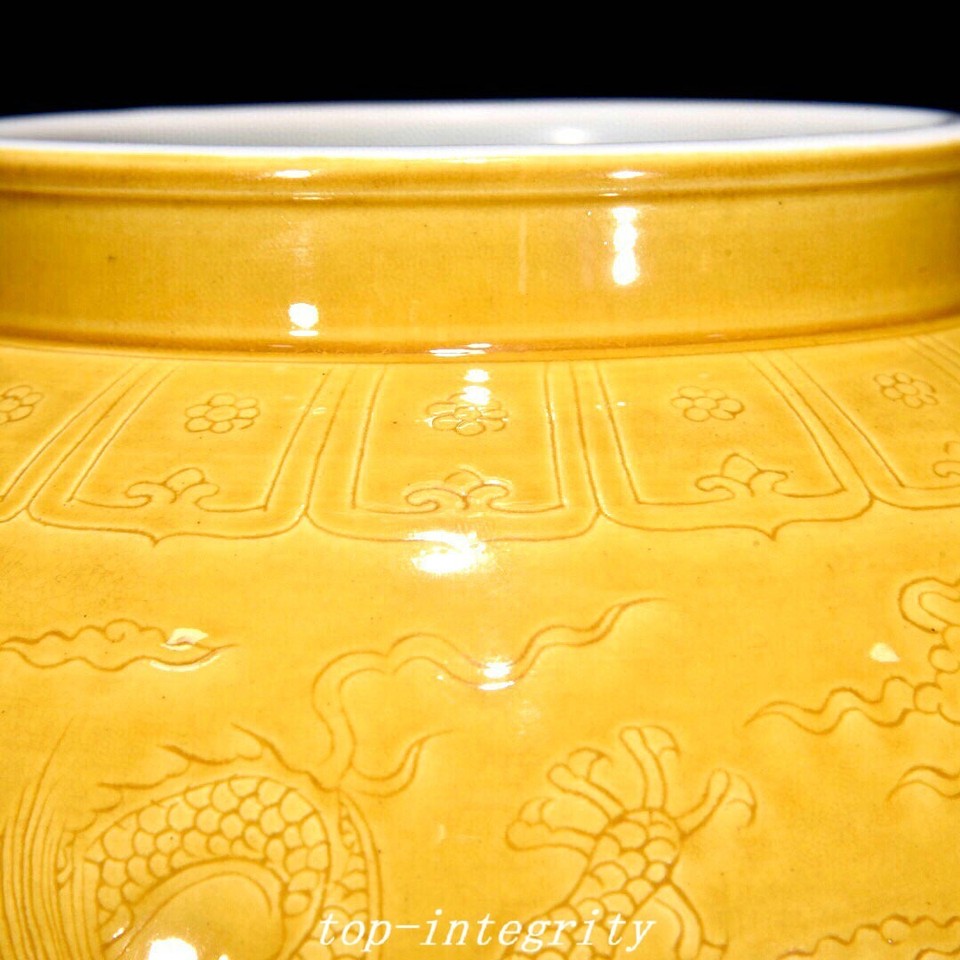 12.2" Ming Zheng Yellow Glaze Porcelain Dragon Loong Beast Animal Pot ...