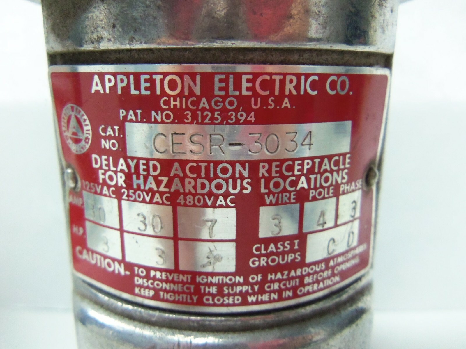 Nice Appleton CESR-3034 Hazardous Delayed Action Receptacle 3W 4P 3 ...